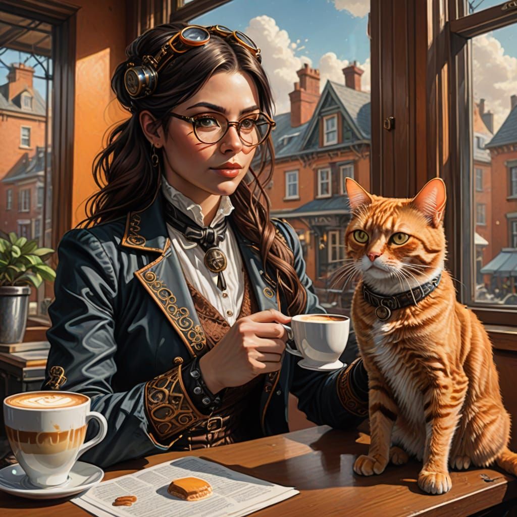 Trendee and the Cat - Steampunk Siren with Feline Companion