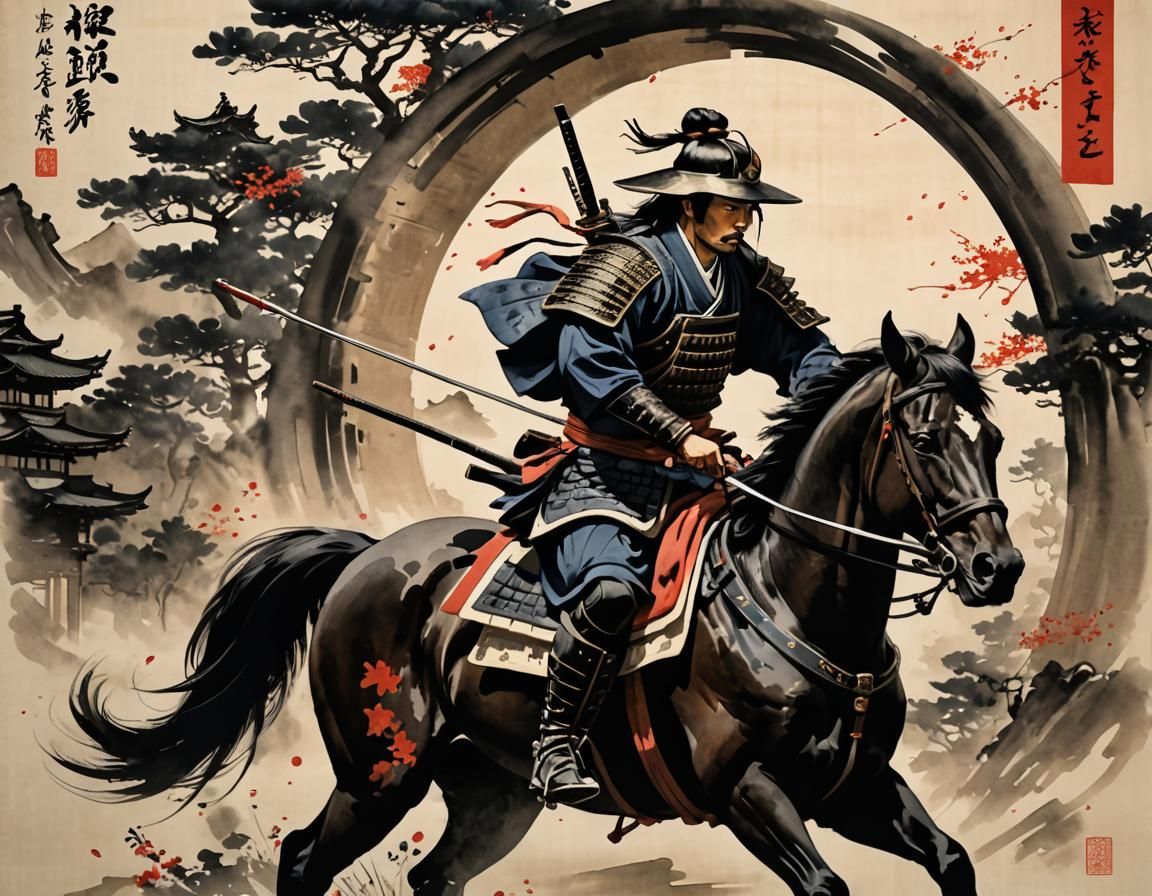 a captivating and impactful image of a samurai riding a majestic horse ...