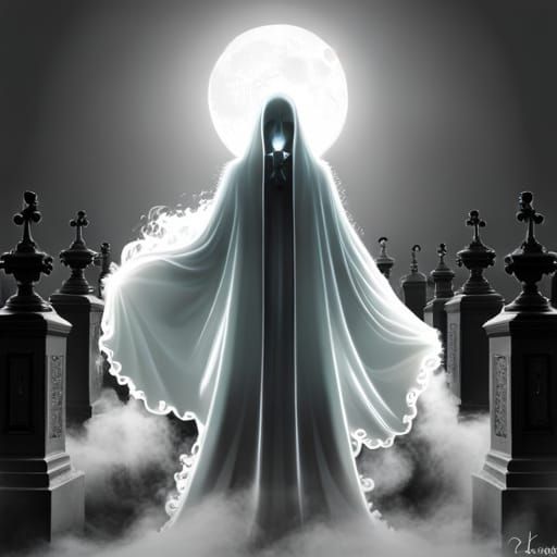 ghost-girl full form angle, no face, no hands, covered in white robe ...