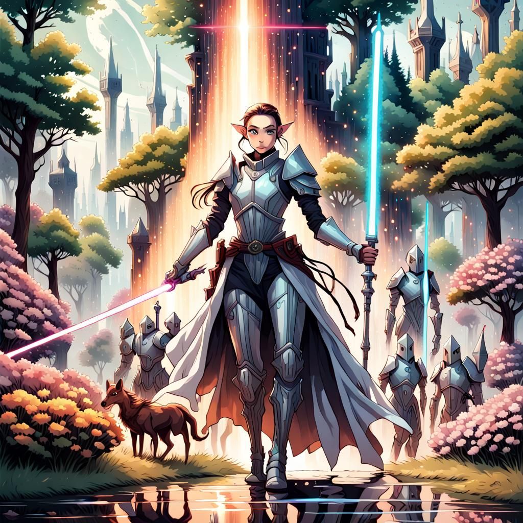 A slim elf girl in a reflective Jedi knight robe hold a laser sword, a ...