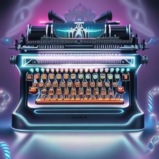 Noir painting of a typewriter with glowing neon keys ;; hyper-realistic ...