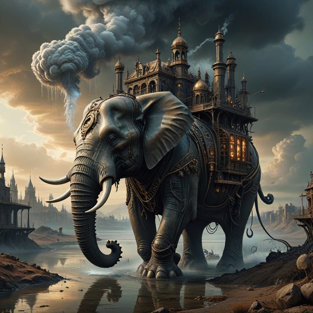 Surrealism. Realistic oil painting. An elephant with a city on its back ...