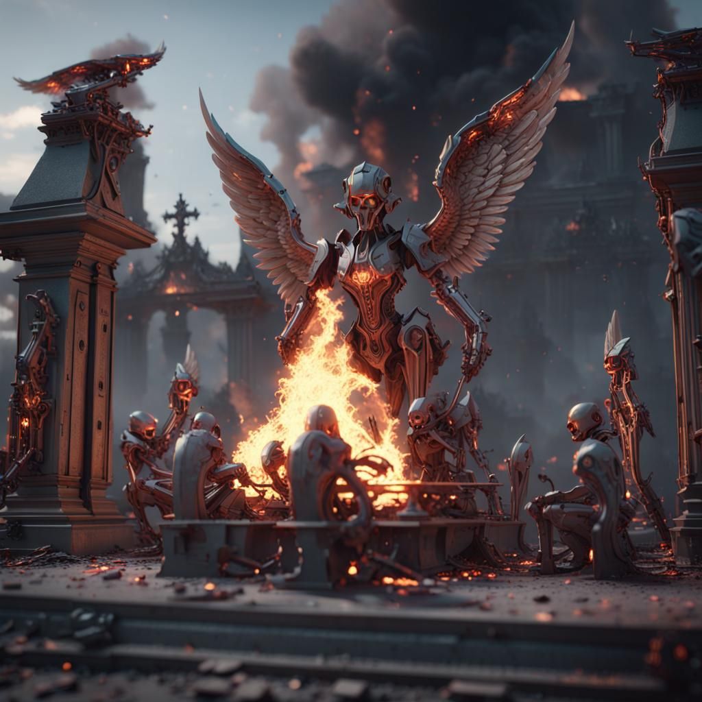angels and demons performing rituals around a fire in a cemetery - AI ...