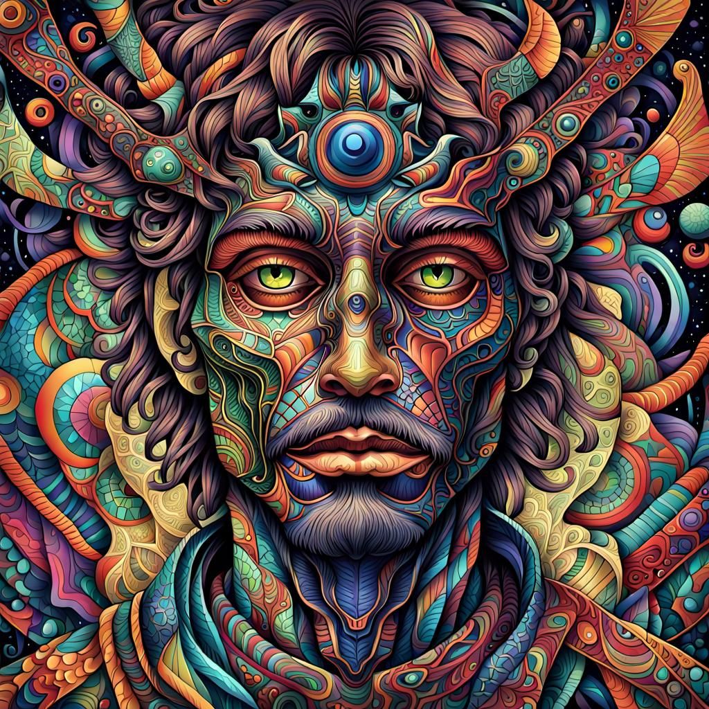 (Hyper detailed portrait of a handsome humanoid insect man in psychedelic strong colors:1,8 ...