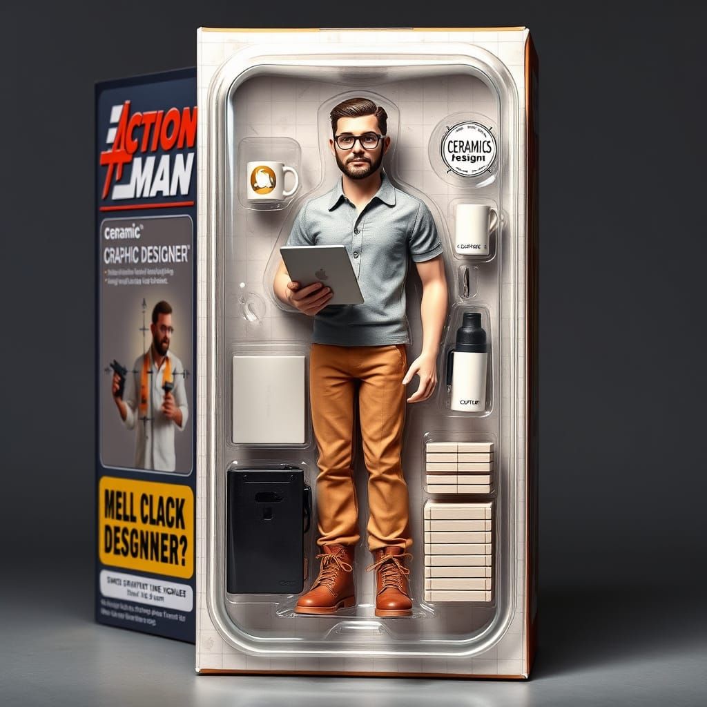 A boxed action figure of a modern male designer, realistic toy ...
