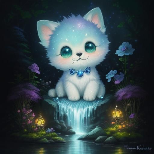 adorable cute chibi baby furry Puppy with a bioluminescent Waterfall in ...