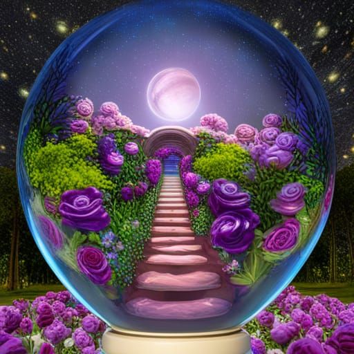 Inside a glass orb, realistic purple roses. an enchanting fantasy ...