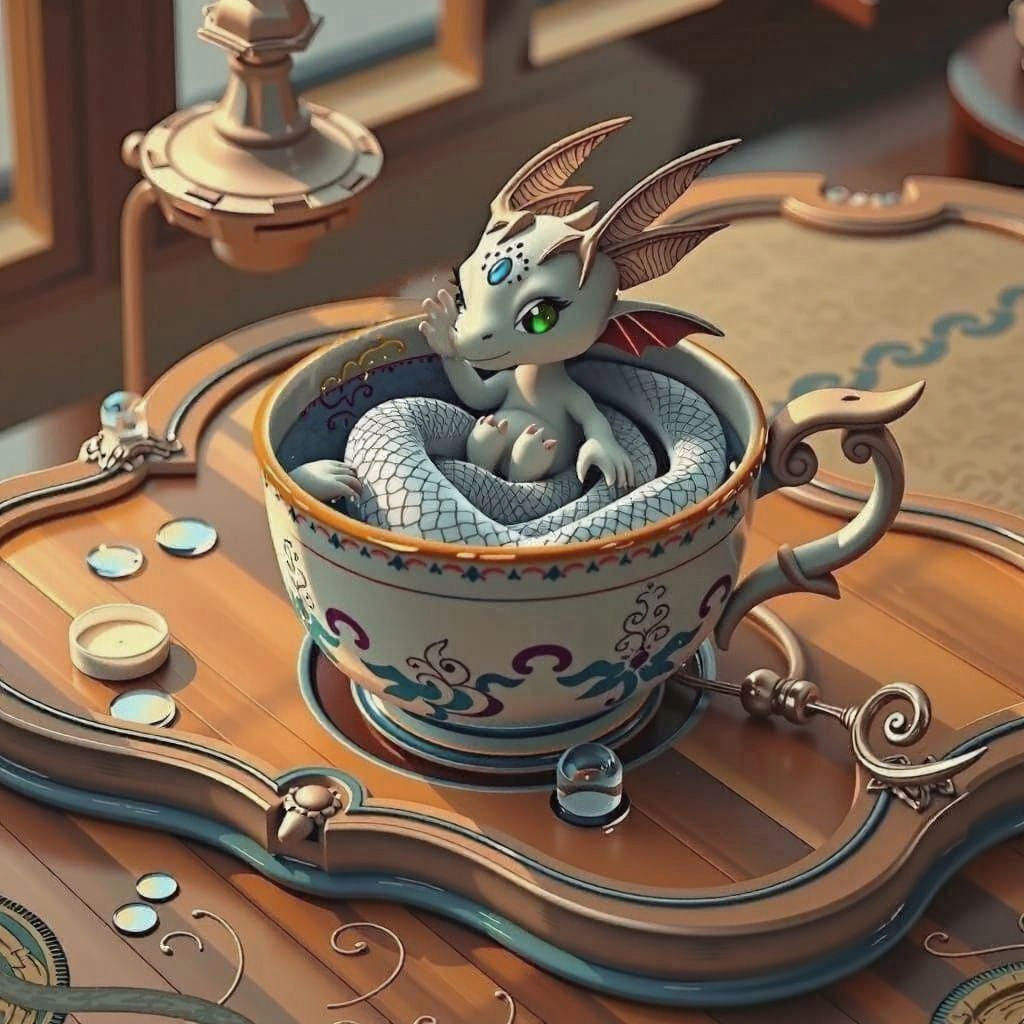 Whimsical White Dragon Bathing in a Delicate Porce... - AI Art