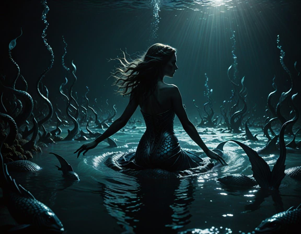 Vicious mermaids, with sharp teeth, swimming fast toward the observer ...