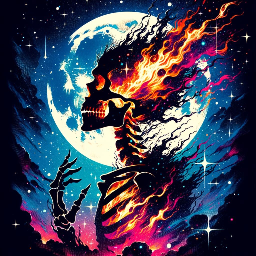 Manga sketch art a gorgeous eyecatching double exposure of a inferno skeleton Perring from the ...