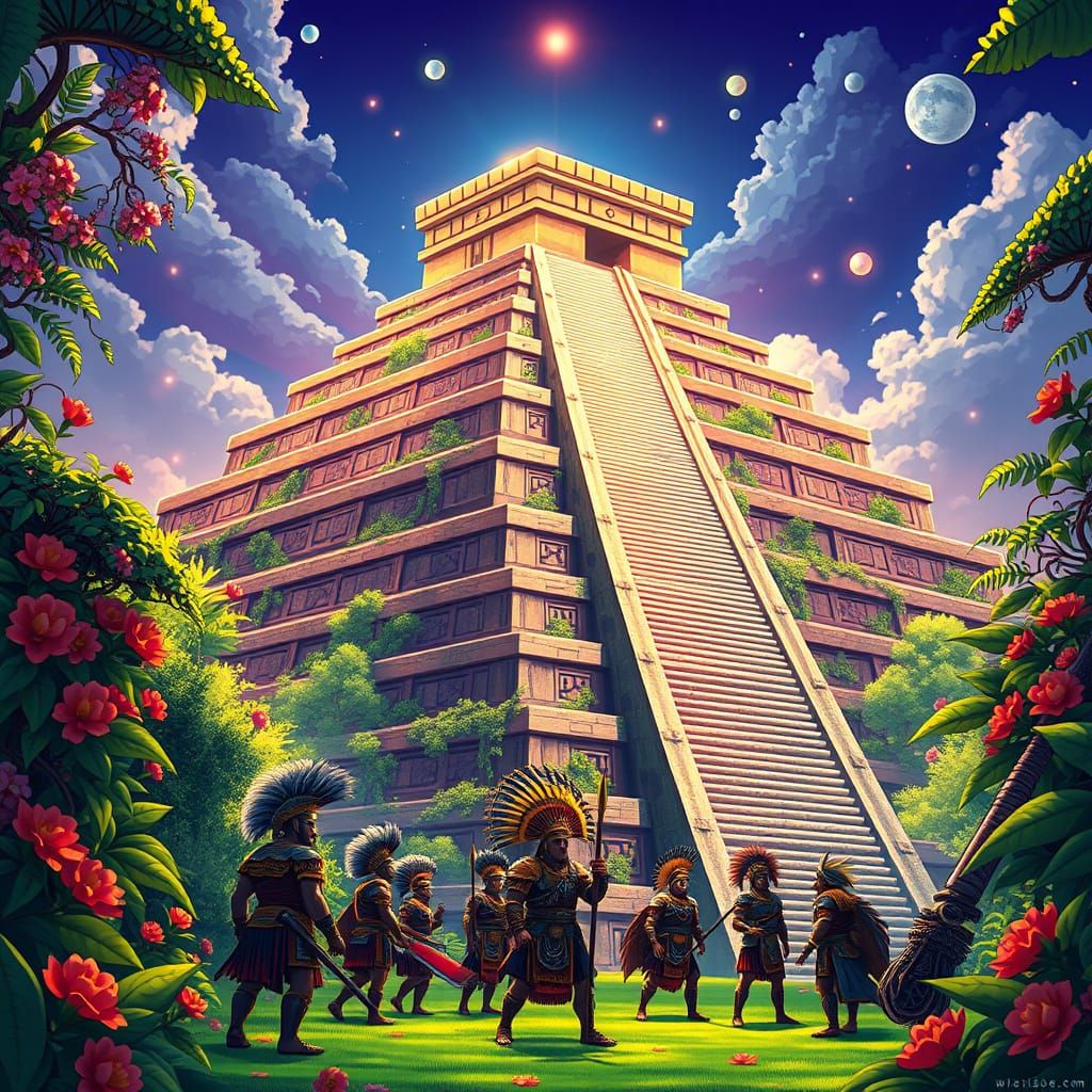 Vibrant Aztec Pyramid with Emerald Vines and Ancie... - AI Art