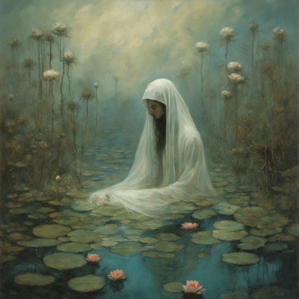 the woman of the lake, a female ghost with a white veil that covers her ...
