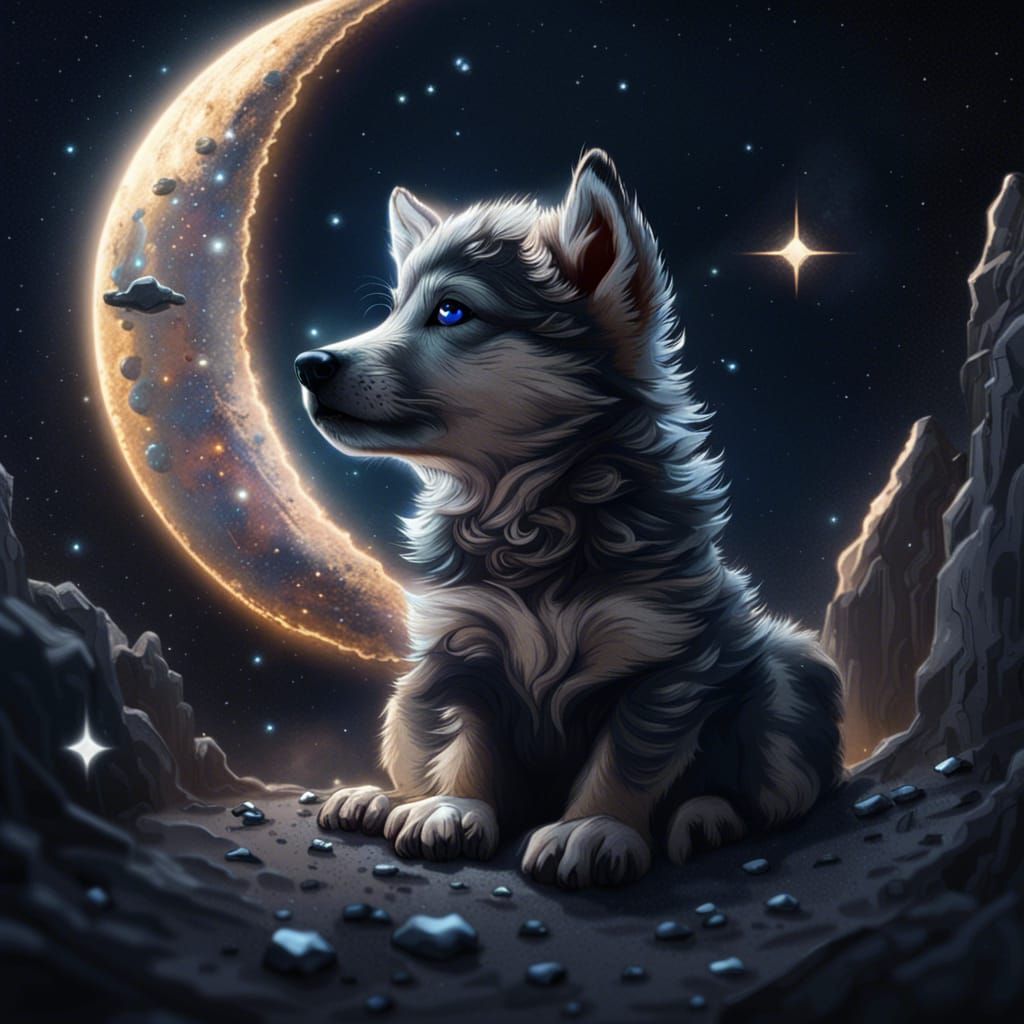 Cute little lonely wolf puppy on the moon surrounded by stars, universe ...