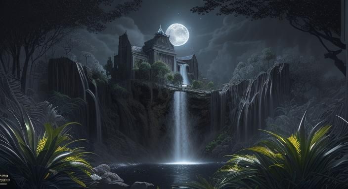 Night oasis scene: intricate detailed photo illustration: waterfall ...