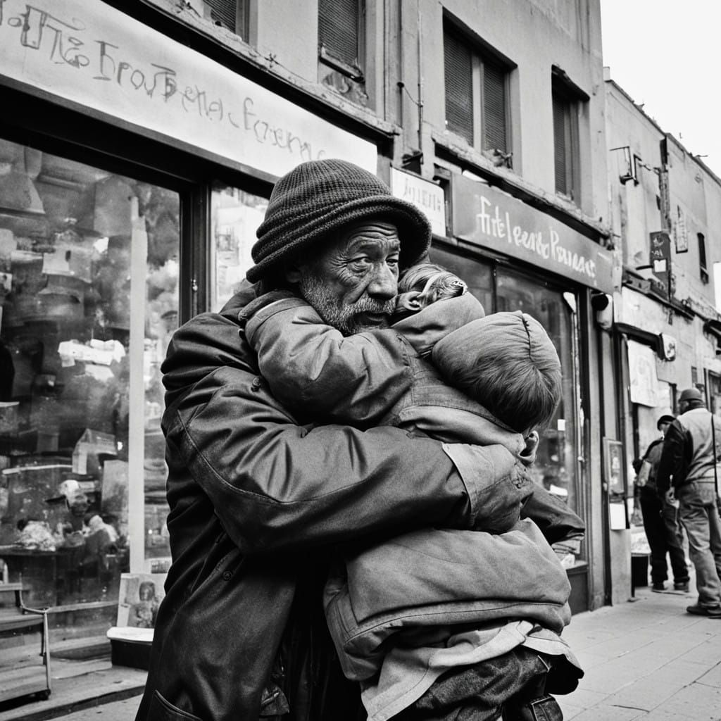 Title: “A homeless man receives a hug from a little boy. » The homeless ...