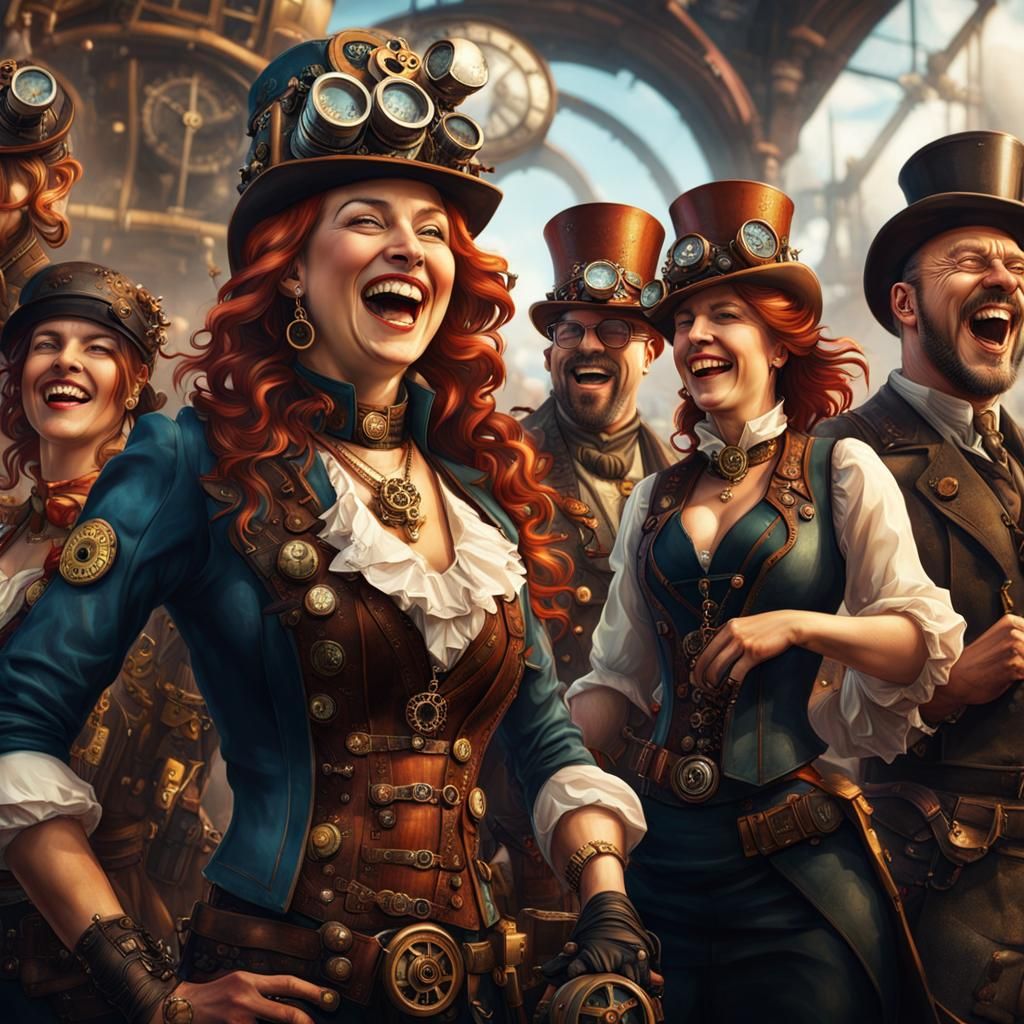 Detailed picture of a group of steampunk people laughing full-heartedly ...