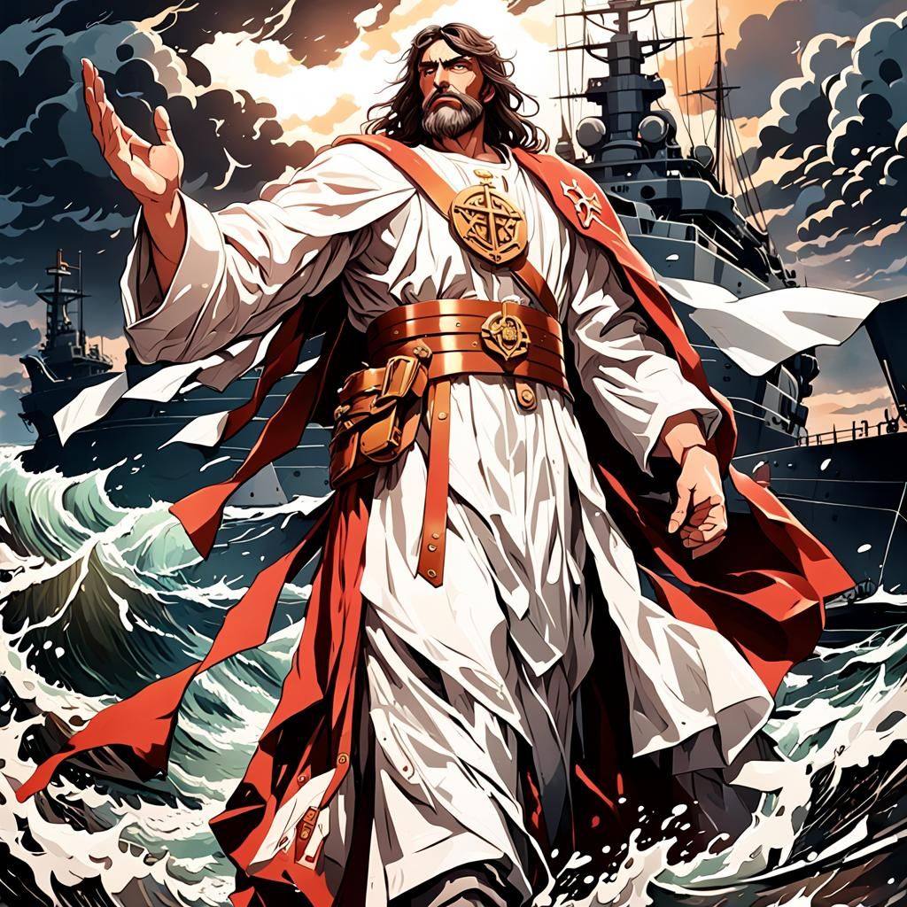 a stoic and compassionate Jesus Christ stands aloof on the top of a ...