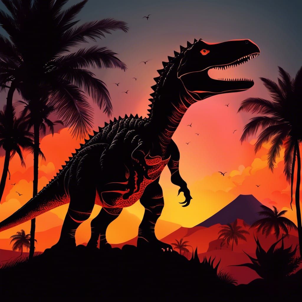 Dinosaur silhouette at sunset in a volcanic tropical environment - AI ...