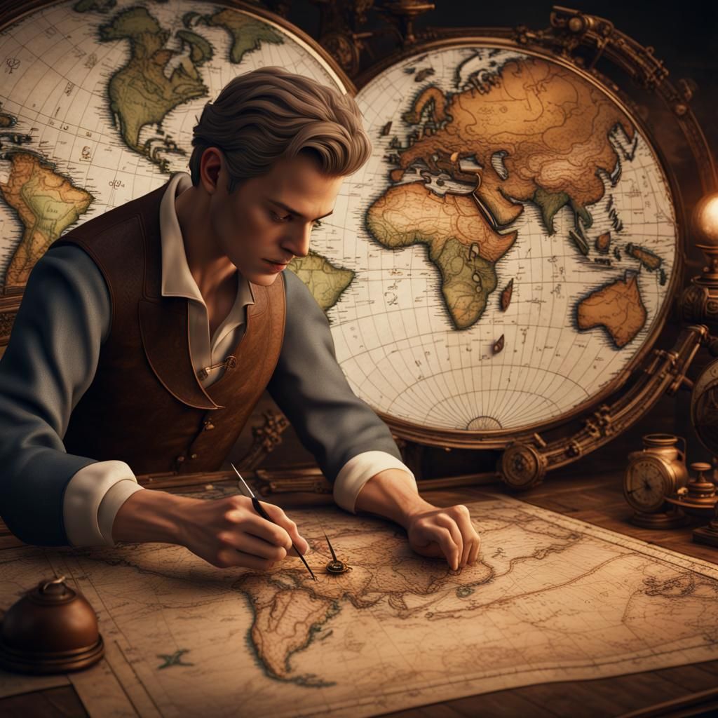 Cartographer working on a vintage world map with compass - AI Generated ...