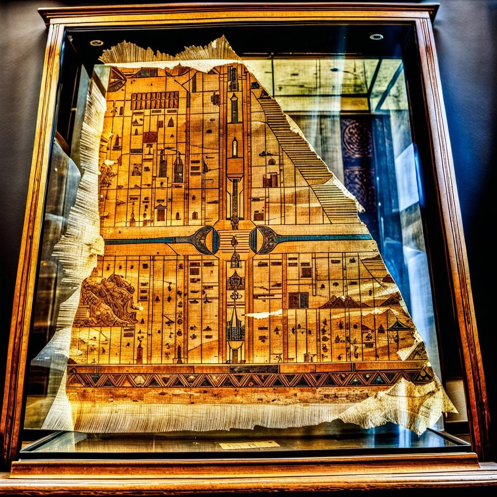 an old tattered papyrus map in a glass museum display case; map ...