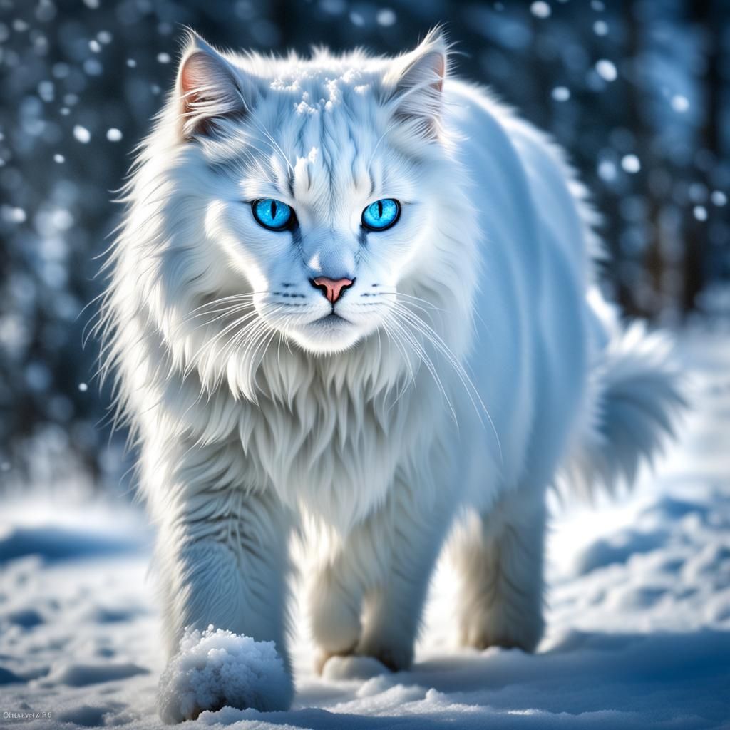 ice cat,walking in the snow,with a long white fur and blue eyes - AI ...