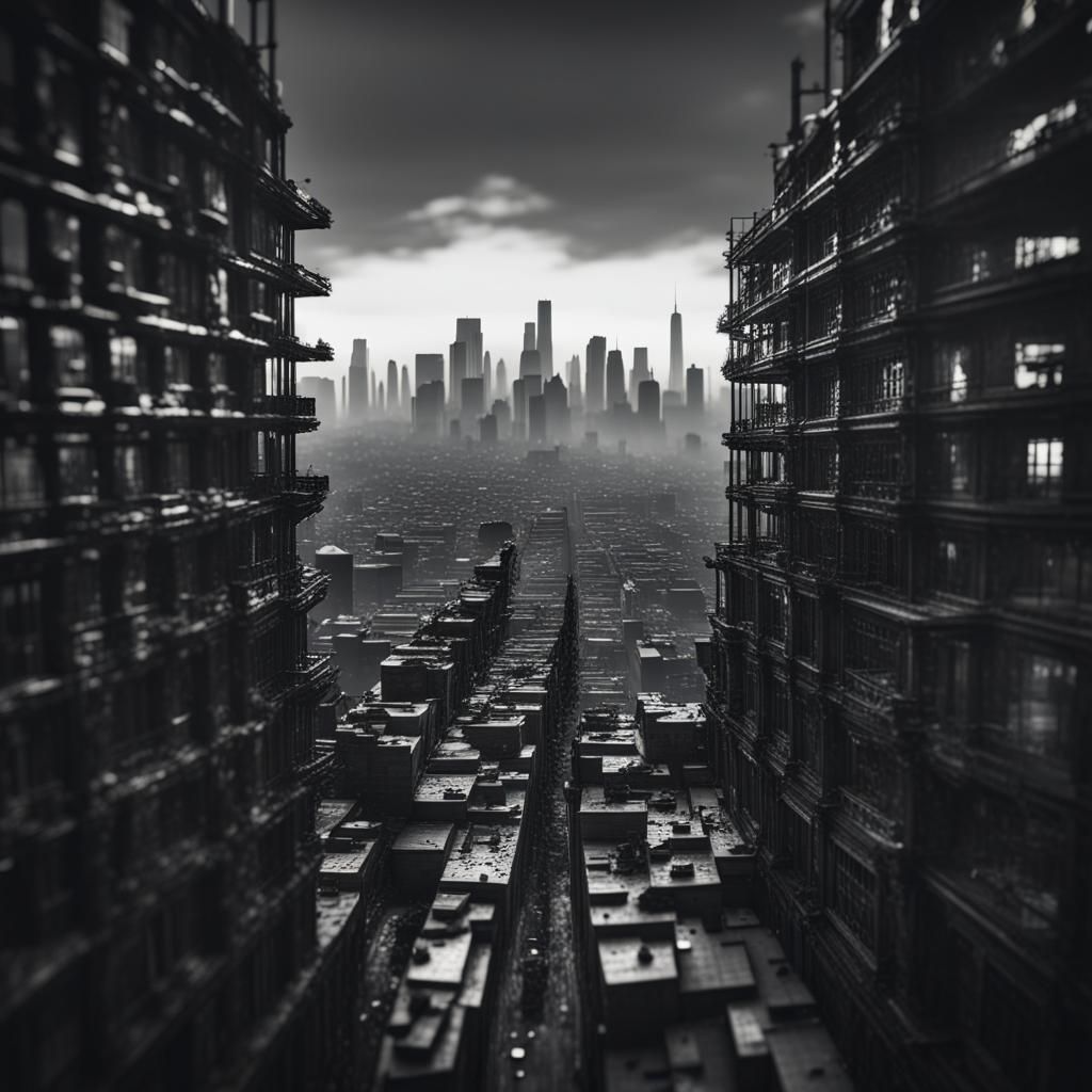 A cityscape confined within a human silhouette, monochrome, sharp ...