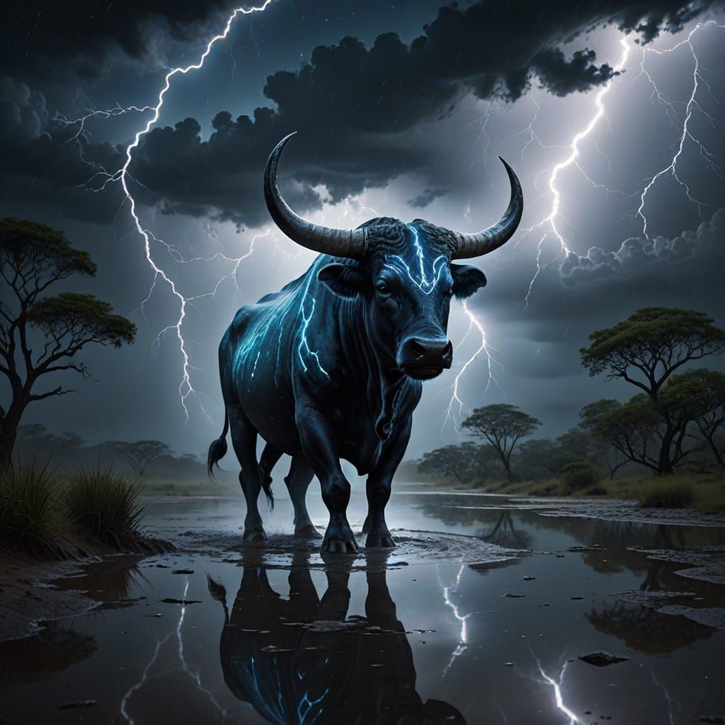 Ethereal Khoisan Bull in Mystical Landscape - AI Art