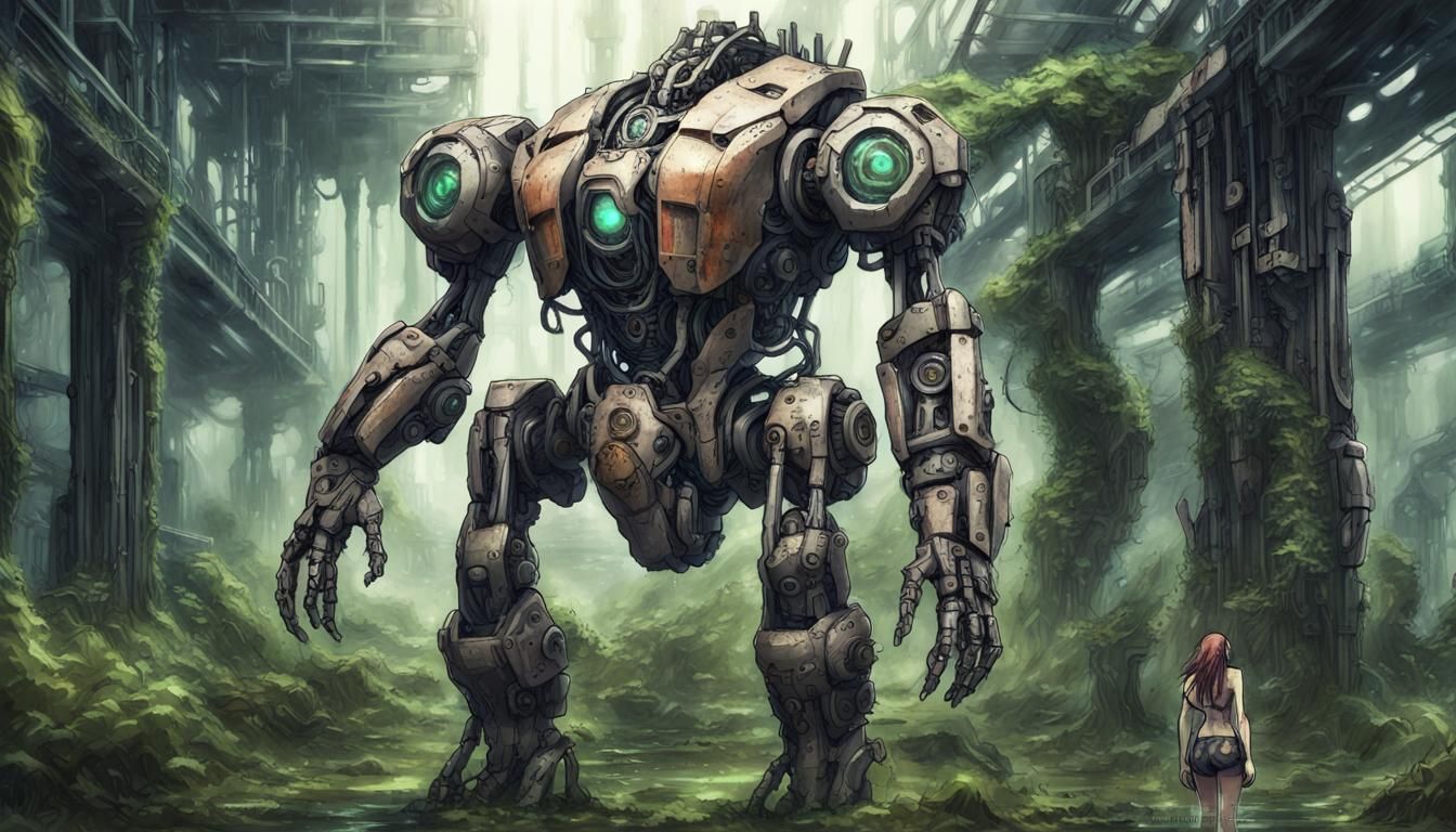 huge cybermech standing neglected and being overgrown by nature, super ...