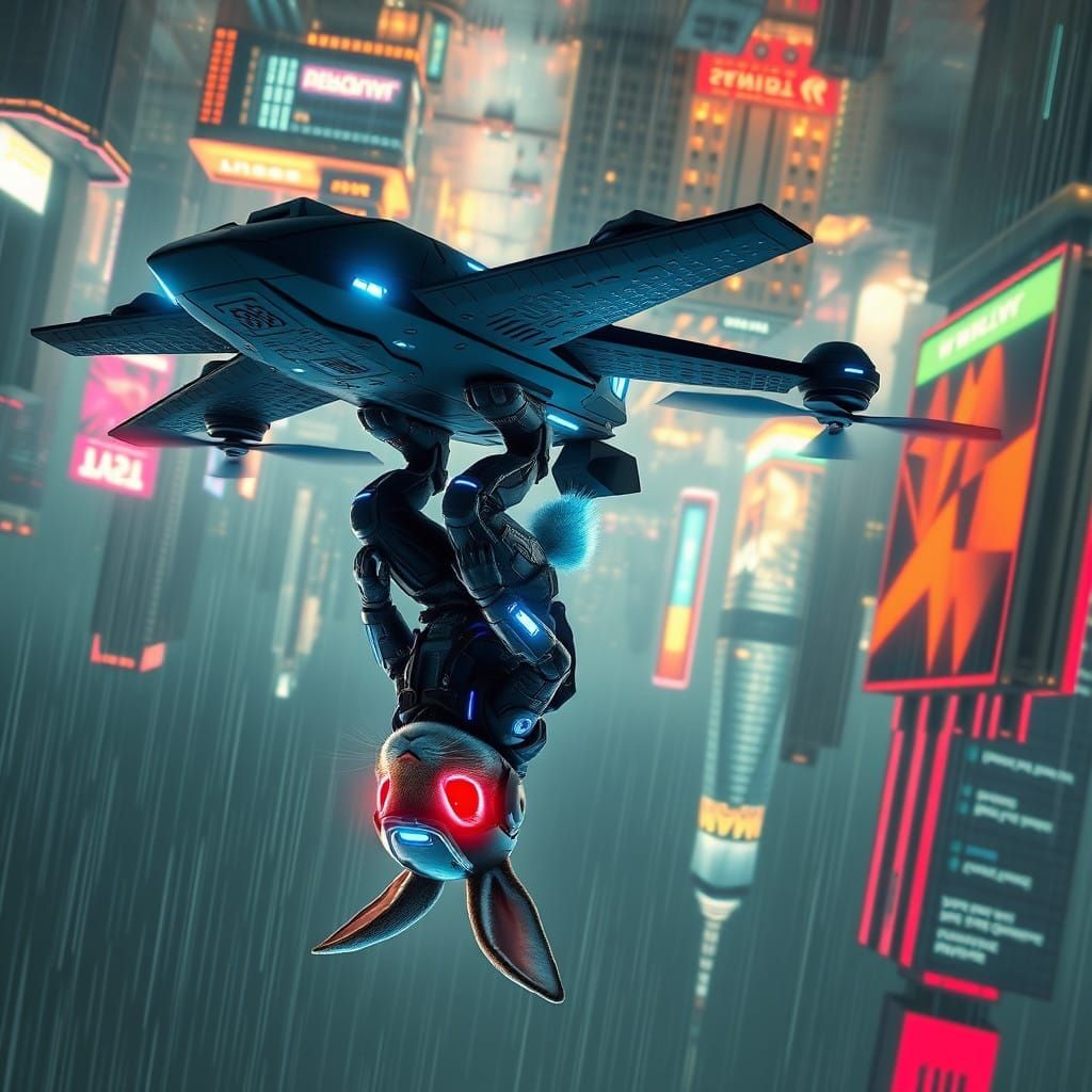 Sleek Cyberpunk Bunny Rides Through Rainy City Hel... - AI Art