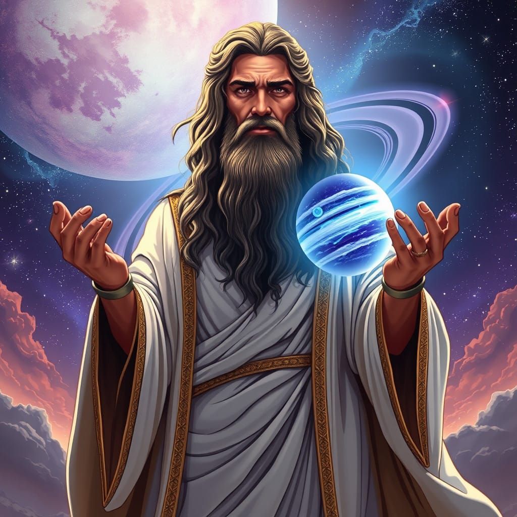 Saturn, the ancient Roman father of the gods, stands majestically, his ...