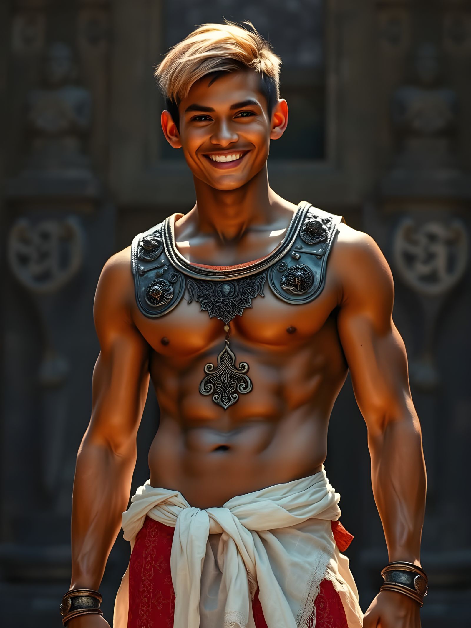 A muscular yet lithe young ancient Khmer Angkor male athlete with a ...