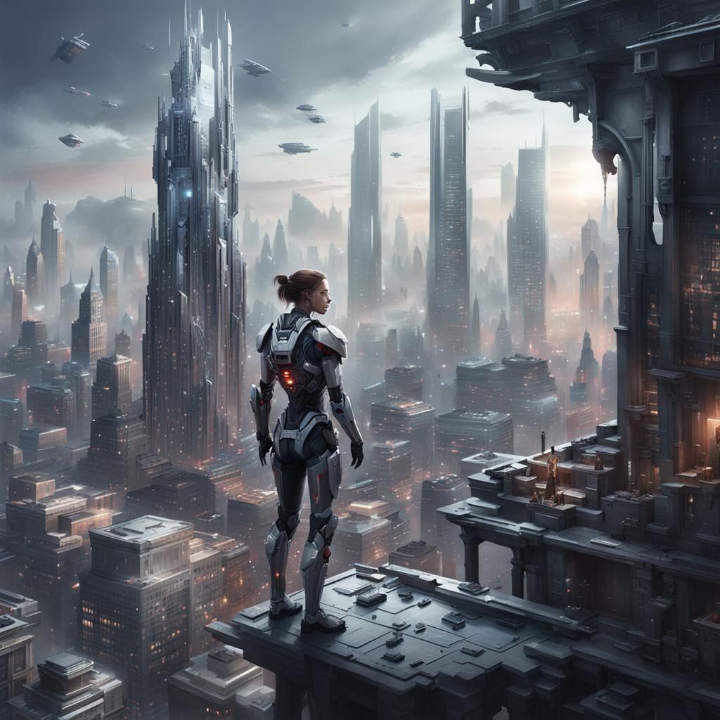 Intricately detailed cyborg standing on a rooftop facing a futuristic ...