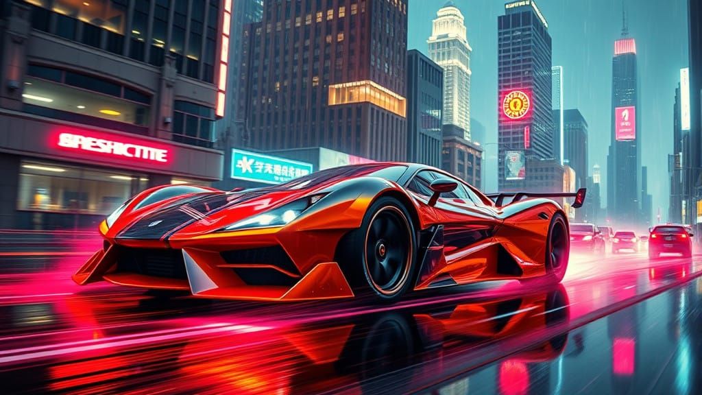Cyberpunk Futuristic American Sportscar in Neon Dy... - AI Art
