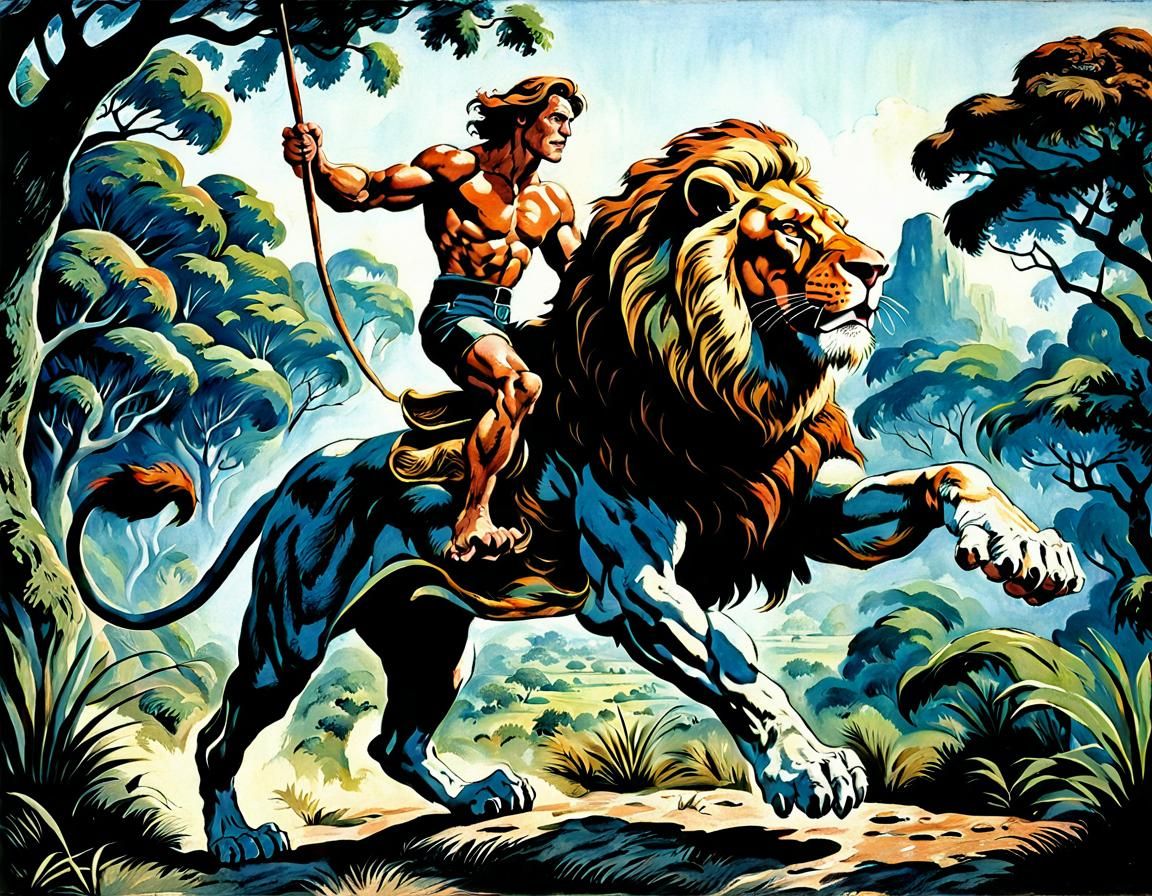 Tarzan riding lion, Burne Hogarth. - AI Generated Artwork - NightCafe ...