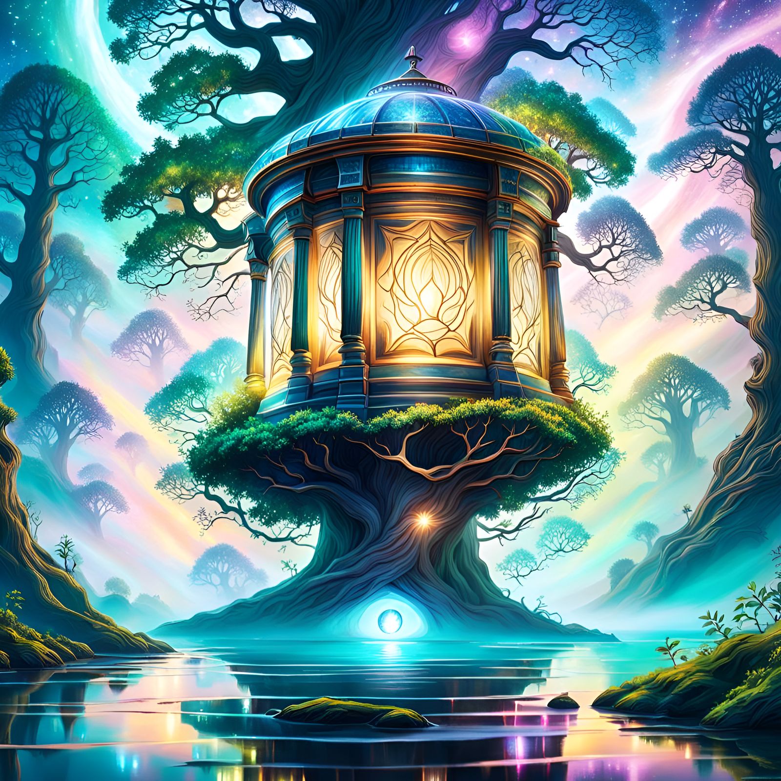 A magical lantern floating in a swirling mist amoung huge ancient trees ...