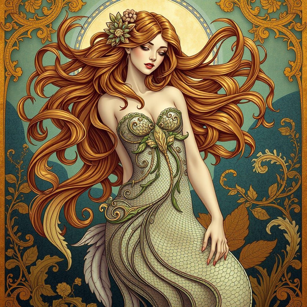 Ethereal Art Nouveau Siren Portrait in Flowing Cur... - AI Art