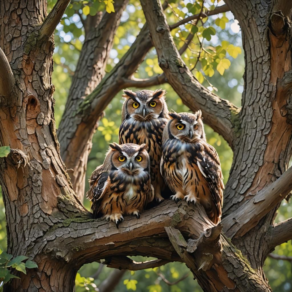 3 owls sitting on a tree - AI Generated Artwork - NightCafe Creator