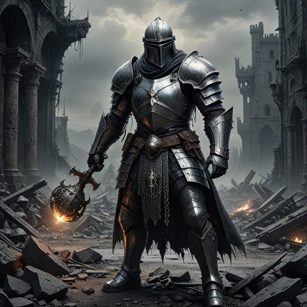 Dark Fantasy Knight in Tattered Armor - AI Art