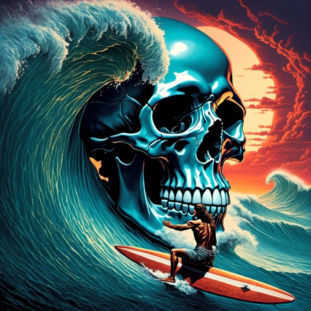 a skull riding a wave on top of a surfboard, digital art, by Boris ...