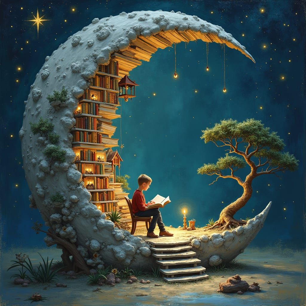 Intricate library made of the silver moon, Mid shot enchanted library ...