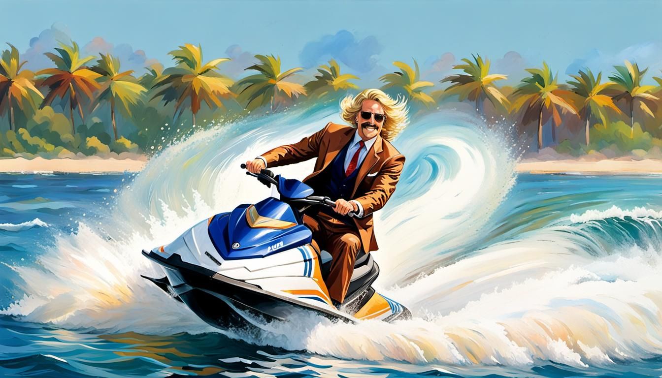 Mobius M Mobius riding a jetski, middle aged, blond guy, with a blond ...