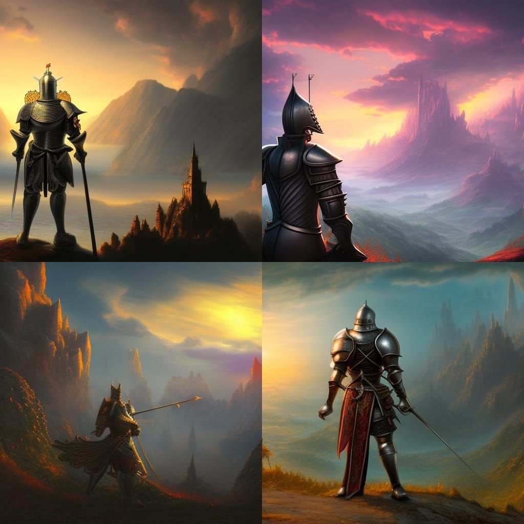 A knight in shining armor gazing upon the beautiful sunset - AI ...