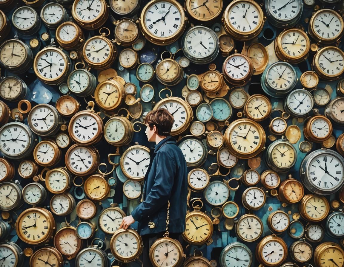 a faceless guy in a town with a lot of whimsical clocks - AI Generated ...