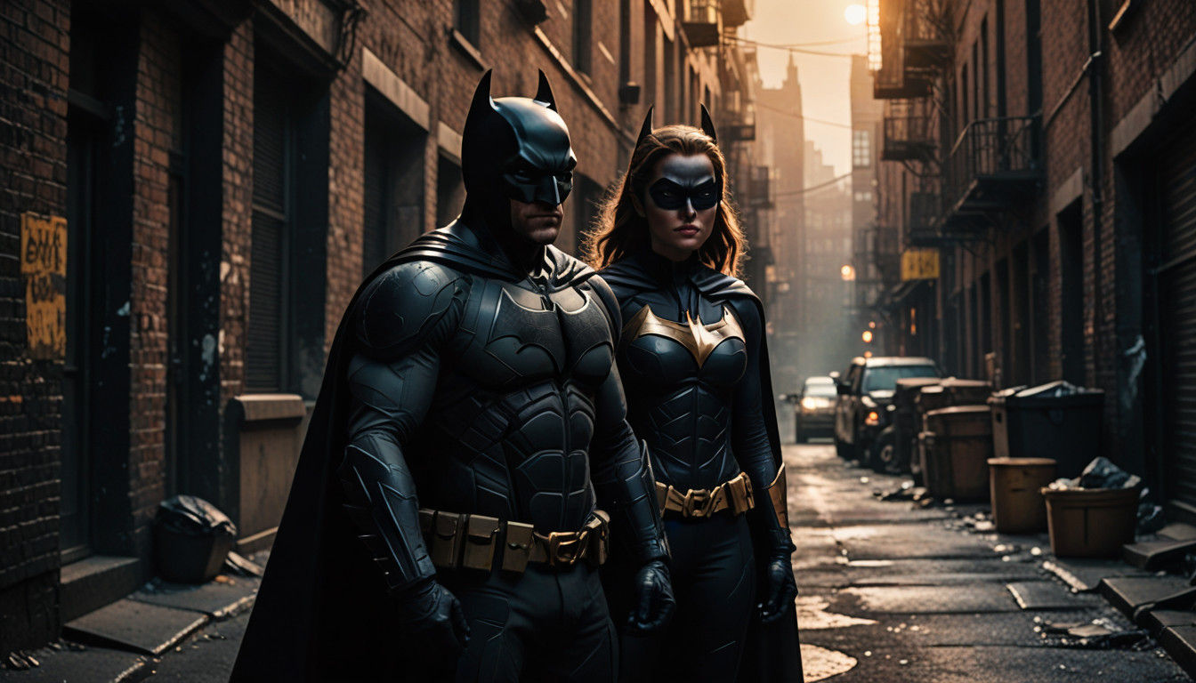 Batman and Batgirl Stand Ready in Gritty Gotham Ci... - AI Art