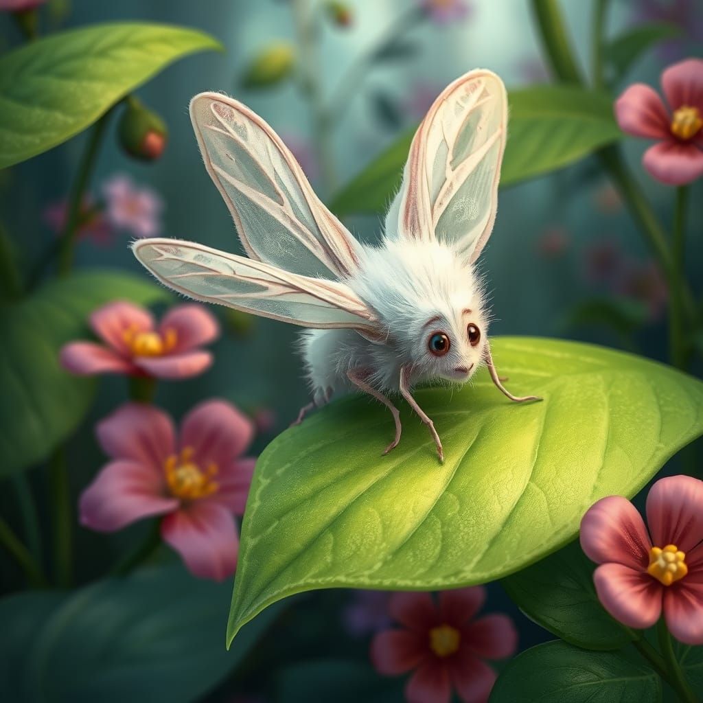 Disney 3d animation style of white fluffy moth