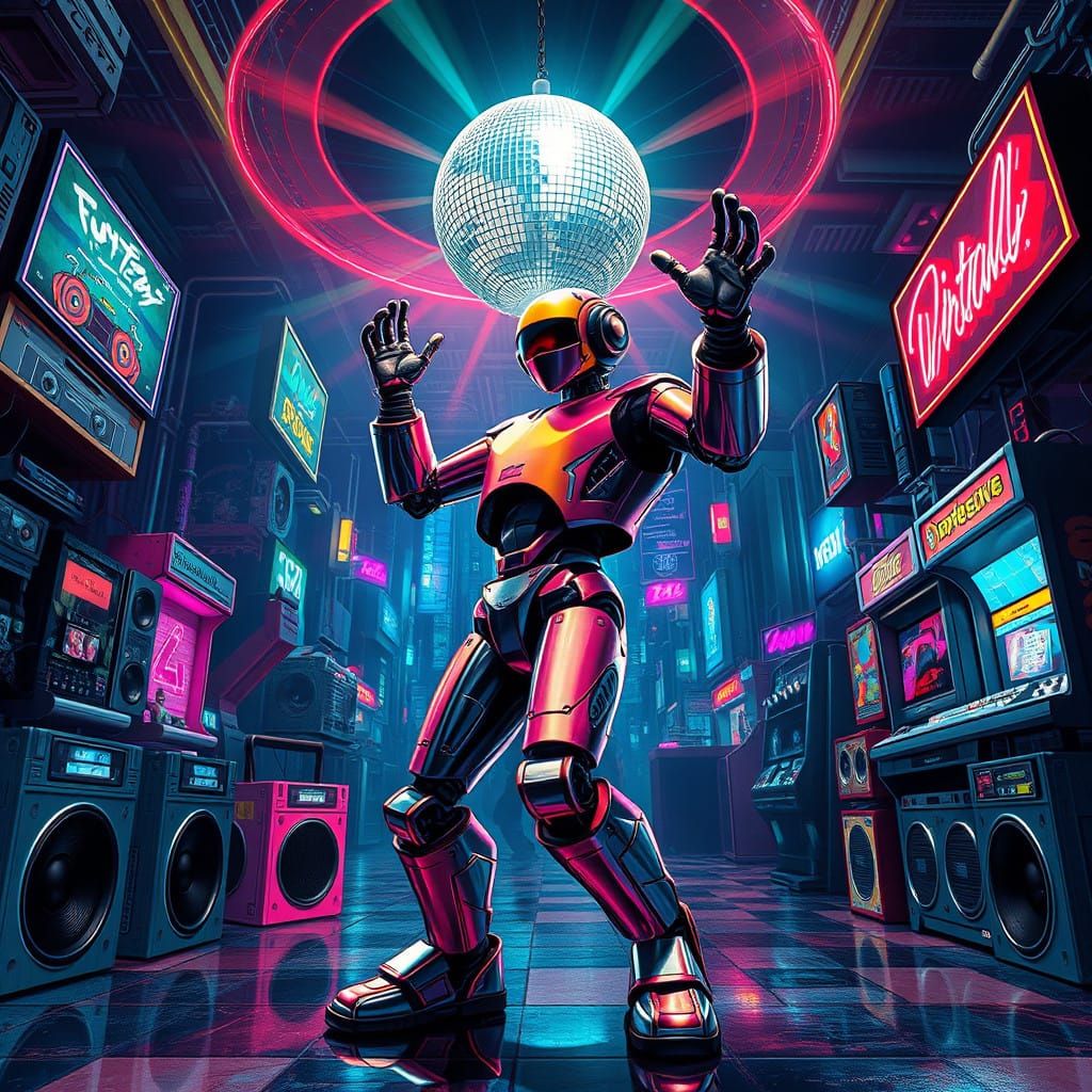 futuristic robot breakdancing in the '80s neon chalk art