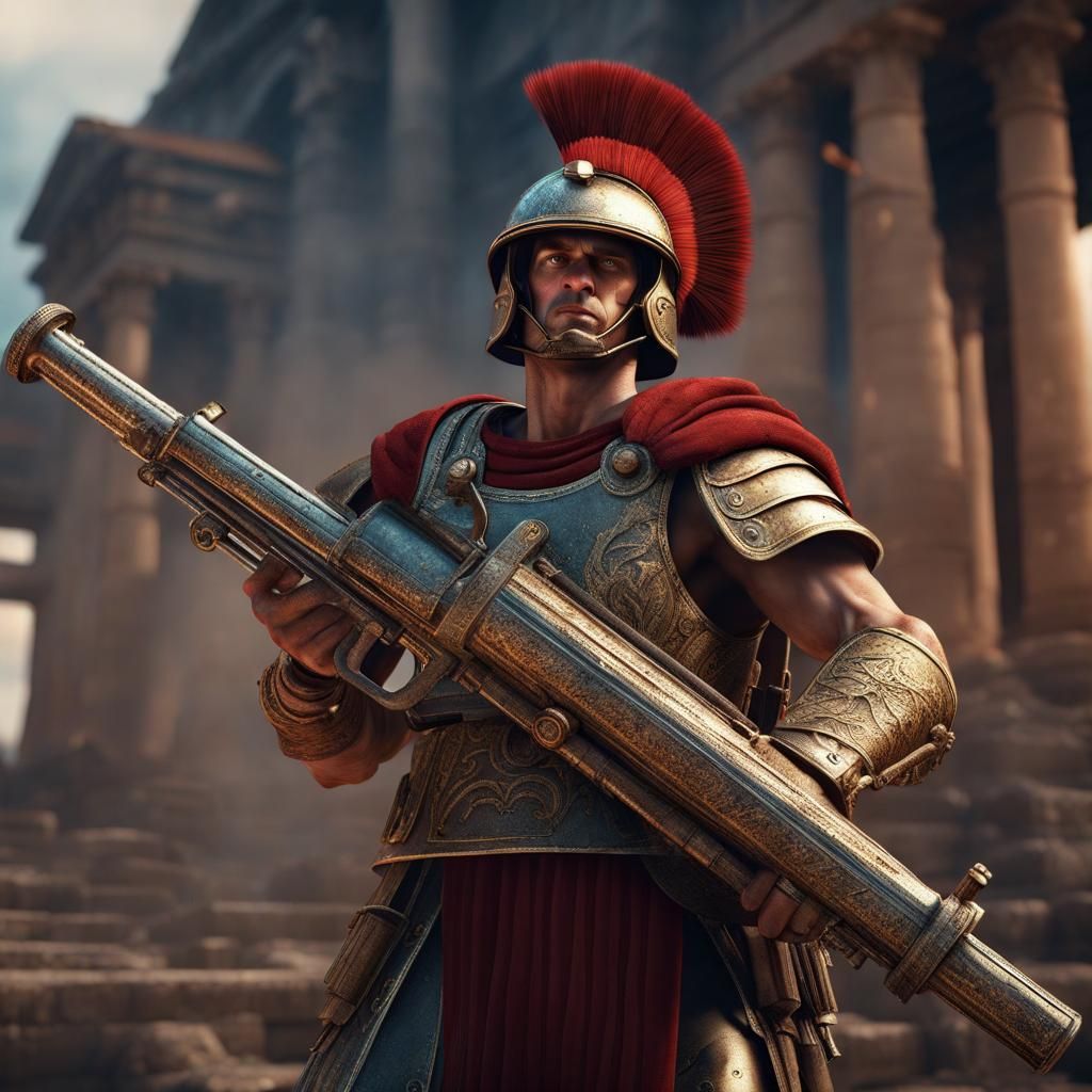 Roman soldier with a gatlin gun - AI Generated Artwork - NightCafe Creator