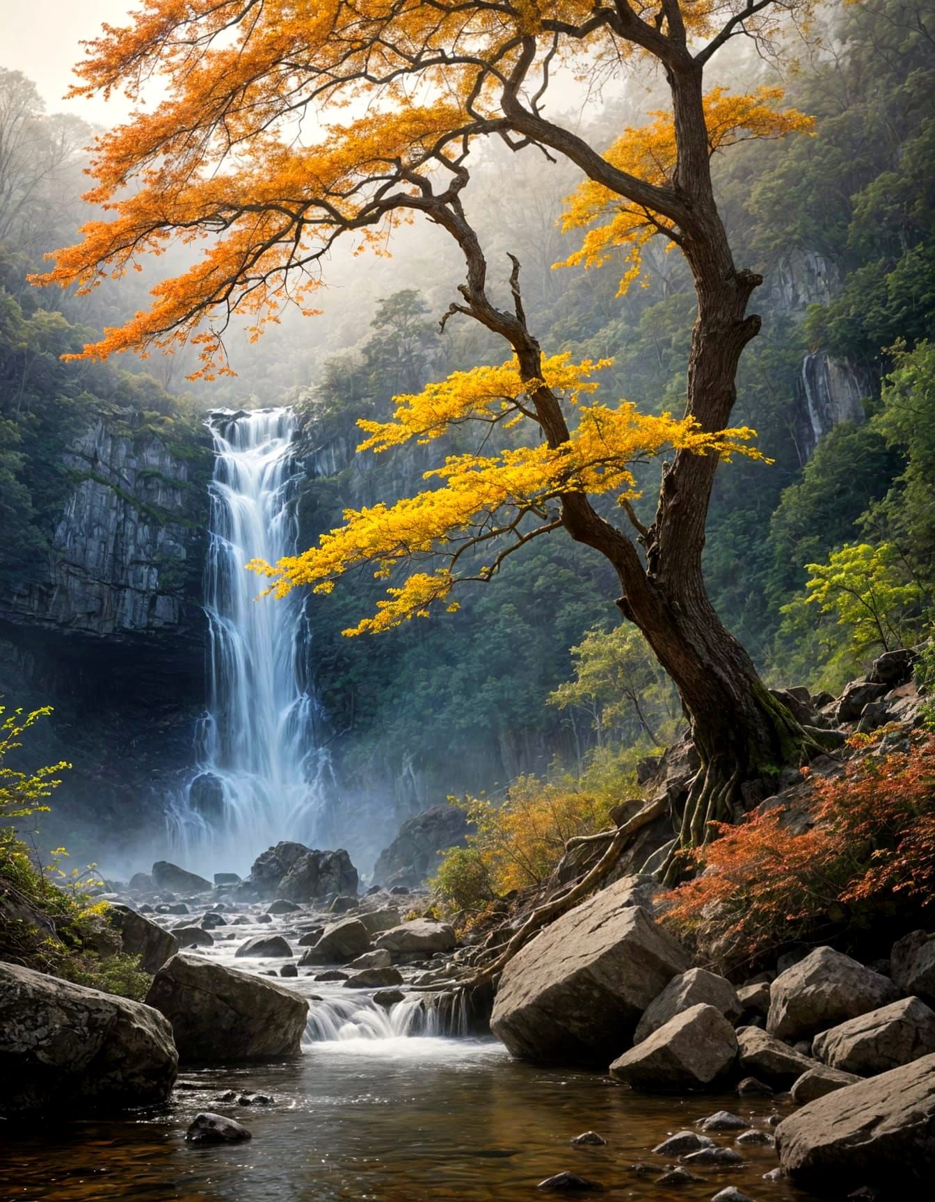 Yellow Tree Falls - Majestic Twilight Tree in Epic Landscape