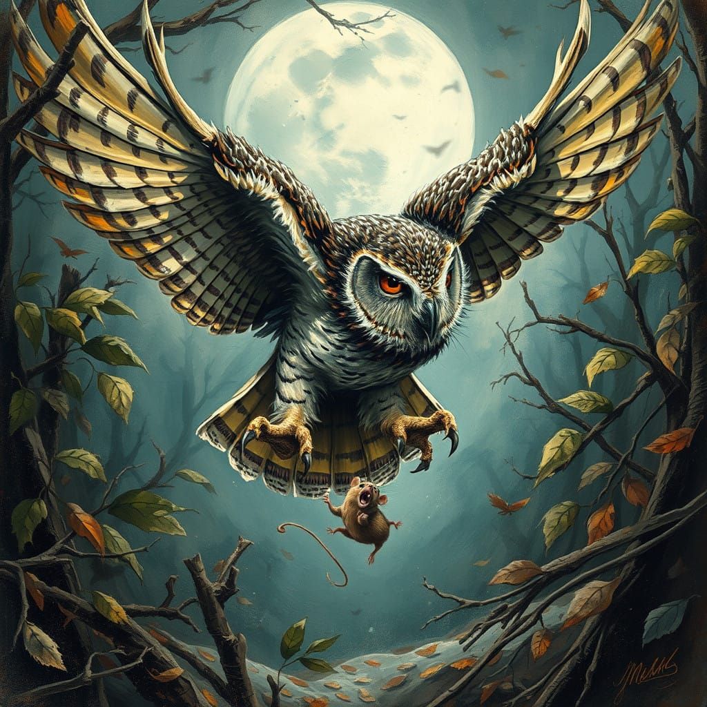 Majestic Owl in Mid-Dive, Talons Outstretched, Ami... - AI Art