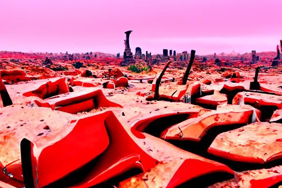 ancient abandoned alien city ruins on a red desert landscape Tim Burton ...